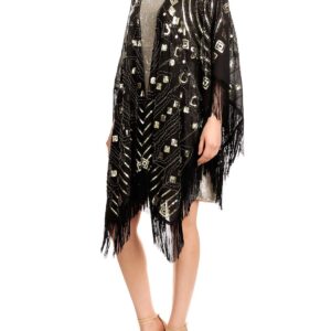 Anna-Kaci Womens Oversized Gatsby Hand Beaded Fringed Sequin Evening Shawl Wrap, Black+Gold, Onesize