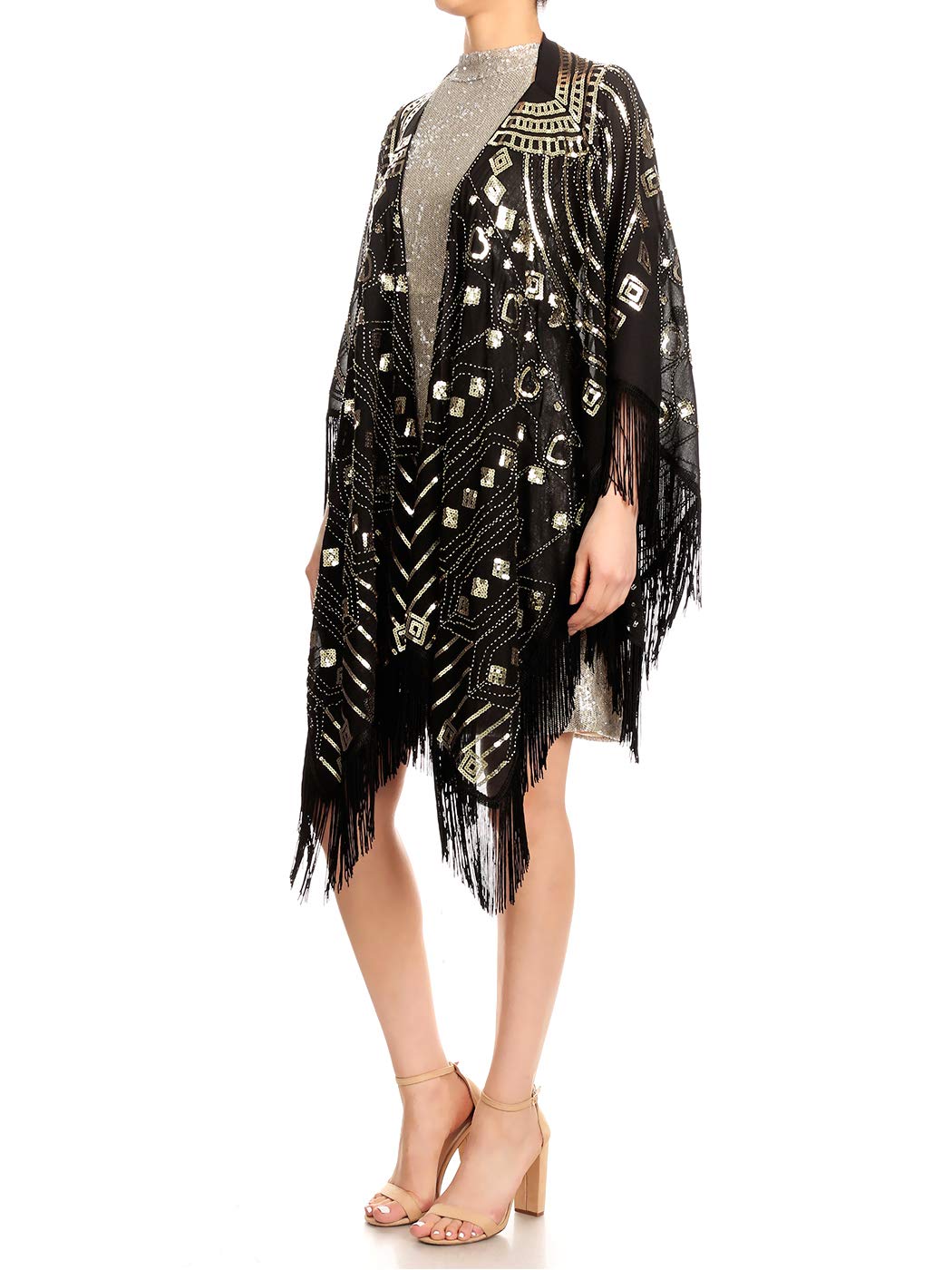 Anna-Kaci Womens Oversized Gatsby Hand Beaded Fringed Sequin Evening Shawl Wrap, Black+Gold, Onesize