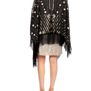 Anna-Kaci Womens Oversized Gatsby Hand Beaded Fringed Sequin Evening Shawl Wrap, Black+Gold, Onesize