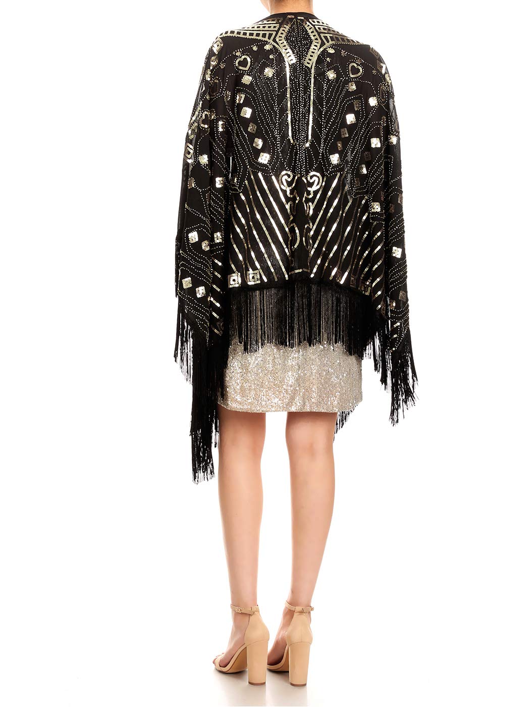 Anna-Kaci Womens Oversized Gatsby Hand Beaded Fringed Sequin Evening Shawl Wrap, Black+Gold, Onesize