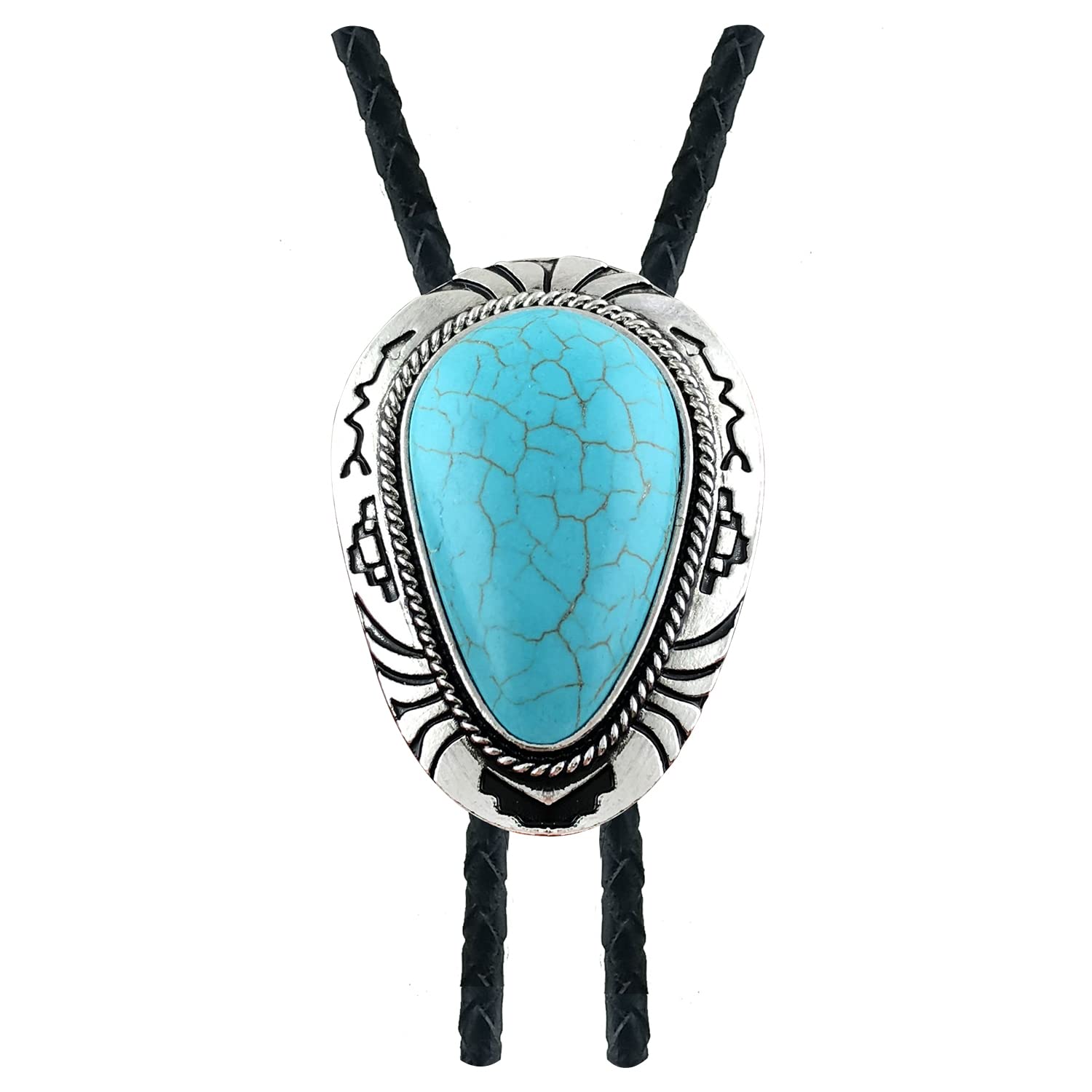 QUKE Native Western Blue Natural Turquoise Stone Bolo Tie Handmade Genunie Leather For Men Women