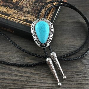 QUKE Native Western Blue Natural Turquoise Stone Bolo Tie Handmade Genunie Leather For Men Women