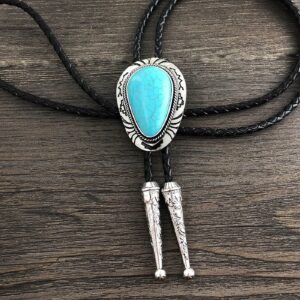 QUKE Native Western Blue Natural Turquoise Stone Bolo Tie Handmade Genunie Leather For Men Women