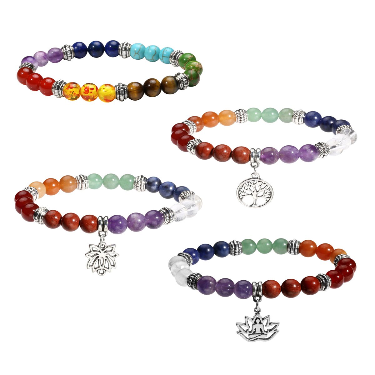 Eigso 4 Pcs 7 Chakra Reiki Meditation Crystal Stone Beads Bracelet Set for Women Men Womens Yoga Life of Tree Healing Wristbands for Woman Man