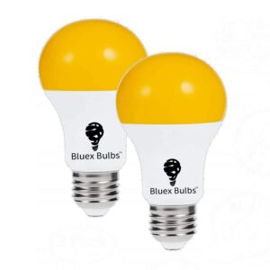 2 pack led dusk to dawn a19 bug light bulbs, yellow bulb, amber light with automatic sensor bulb, led porch lights security bulb, auto on/off, 2000k e26, 500 lumens