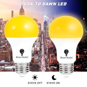 2 Pack LED Dusk to Dawn A19 Bug Light Bulbs, Yellow Bulb, Amber Light with Automatic Sensor Bulb, LED Porch Lights Security Bulb, Auto on/Off, 2000K E26, 500 Lumens