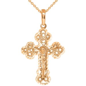 jewelry america solid 14k rose gold filigree eastern orthodox cross crucifix pendant necklace, 16"