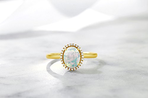 Gem Stone King 10K Yellow Gold 8X6MM Oval Gemstone Birthstone and White Diamond Halo Engagement Ring | Wedding Anniversary Promise Gold Ring For Women | Available In Size 5-10