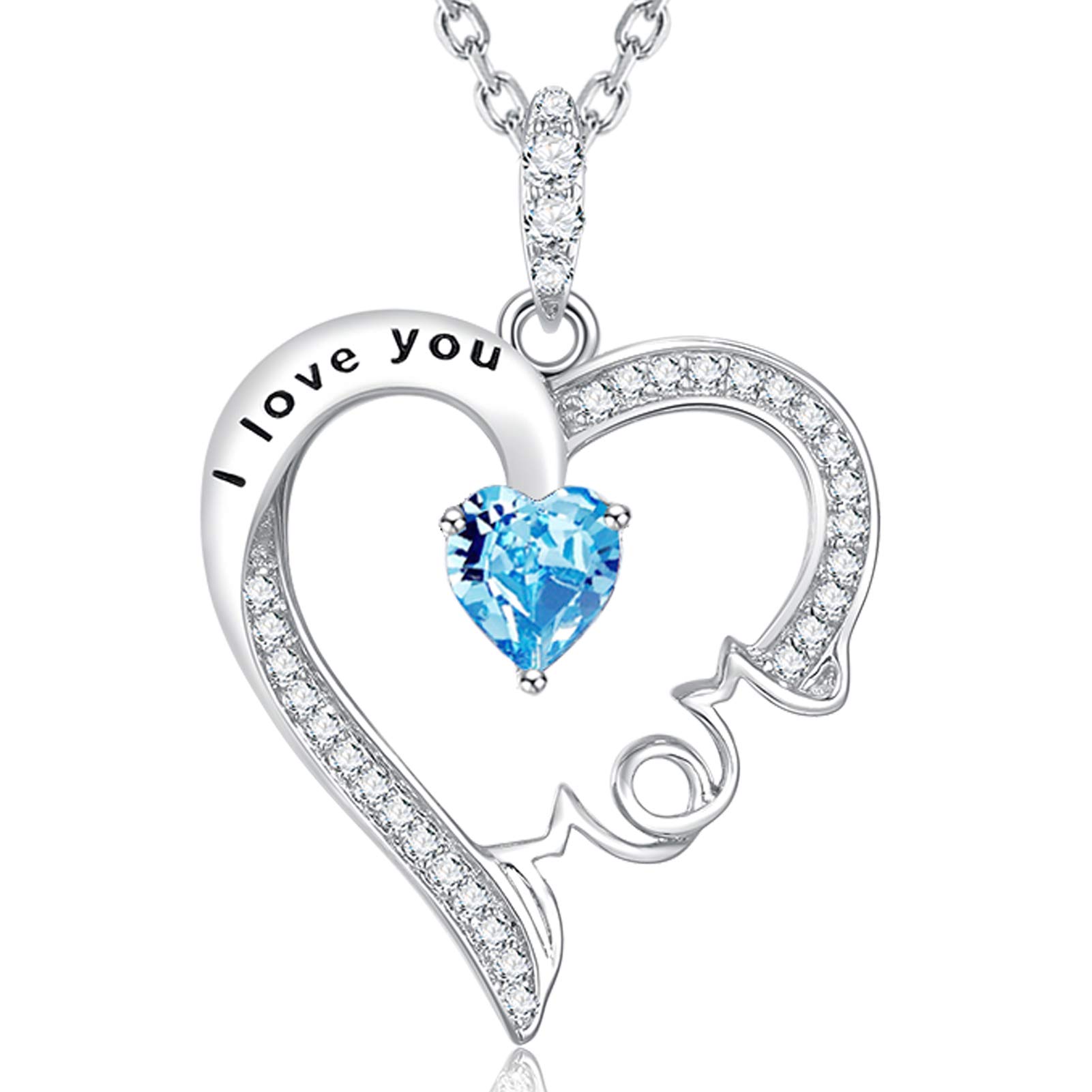 March Birthstone Jewelry for Her Birthday Gifts Aquamarine Necklace I Love You Mom Love Heart Pendant Necklace for Mother in Law Sterling Silver