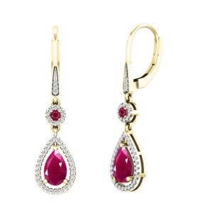 dazzlingrock collection 18k 8x5 mm each round & pear ruby & round diamond ladies teardrop dangling earrings, yellow gold