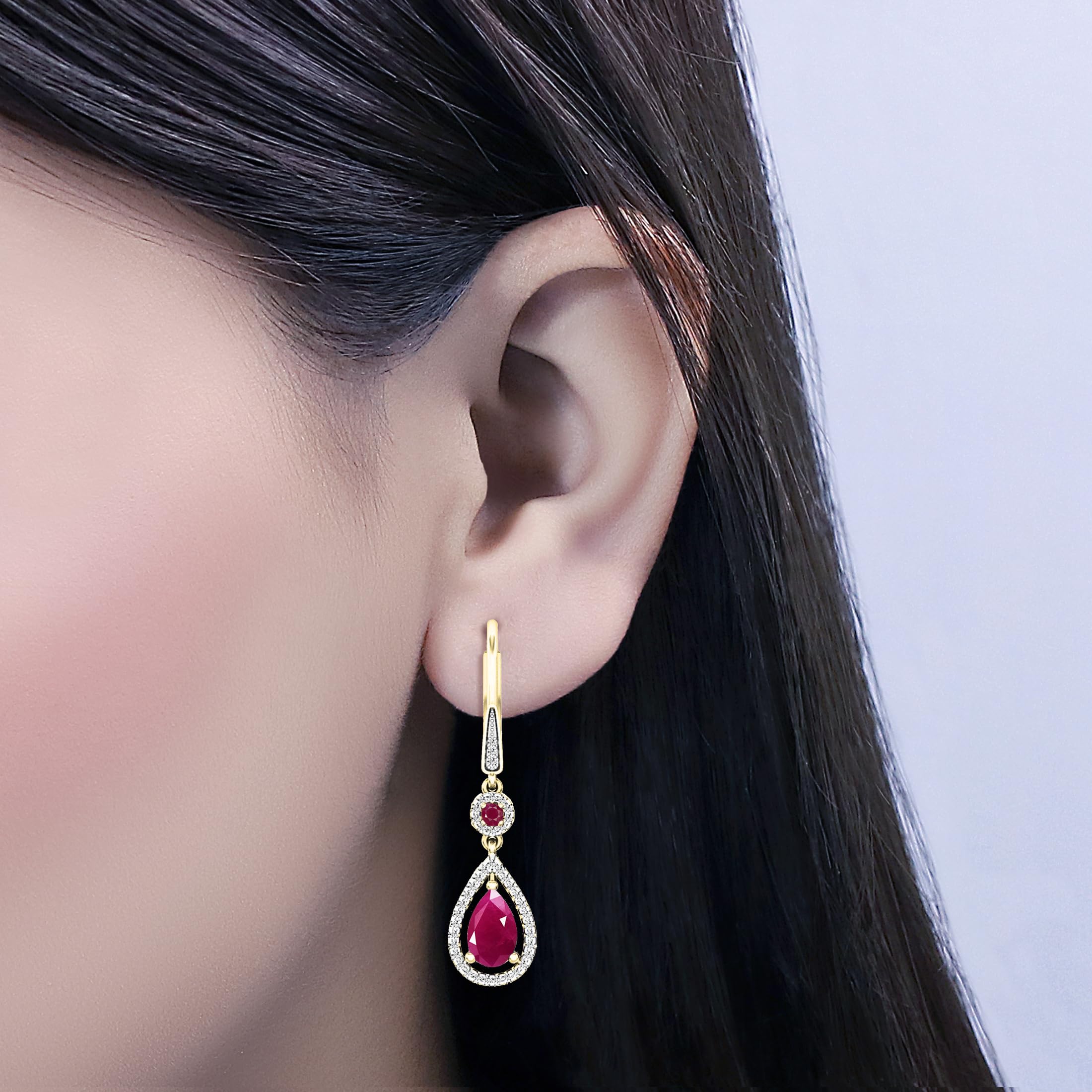 Dazzlingrock Collection 18K 8X5 MM Each Round & Pear Ruby & Round Diamond Ladies Teardrop Dangling Earrings, Yellow Gold