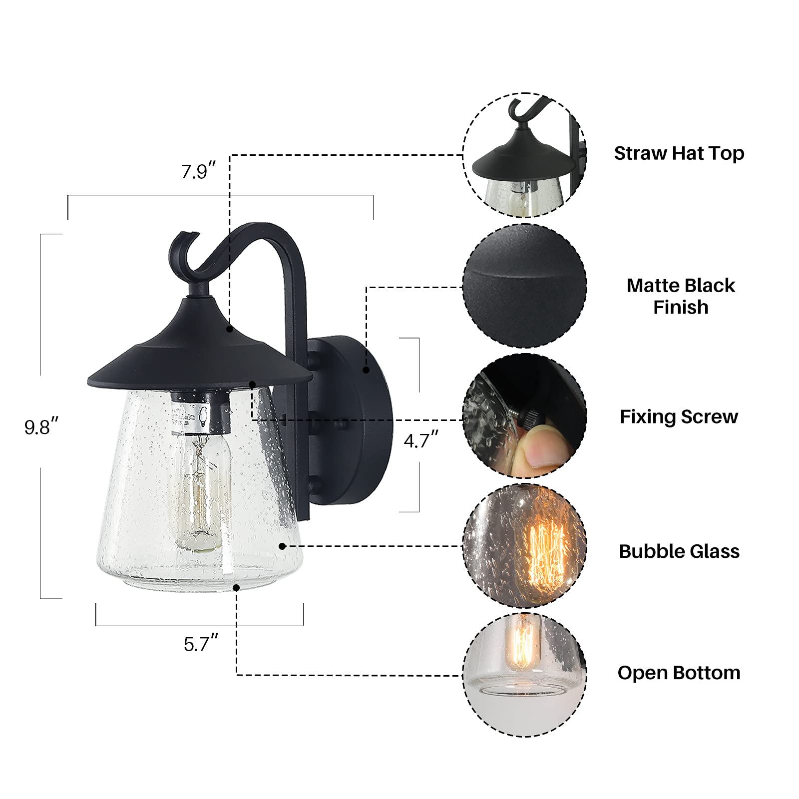 LOG BARN Outdoor Wall Light，Farmhouse Exterior Lantern in Black with Seeded Glass for Porch Barn A03356, 1-Light Light