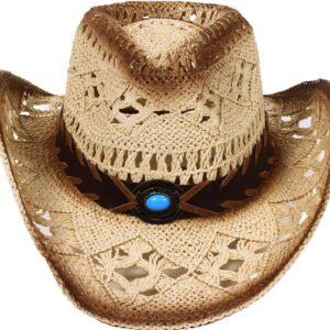 Livingston Cowboy Hat Men & Women's Woven Straw Cowgirl Hat w/Hat Band Straw, Bead Beige