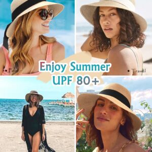 FURTALK Womens Beach Sun Straw Hat UV UPF50 Travel Foldable Brim Summer UV Hat Mixed Beige