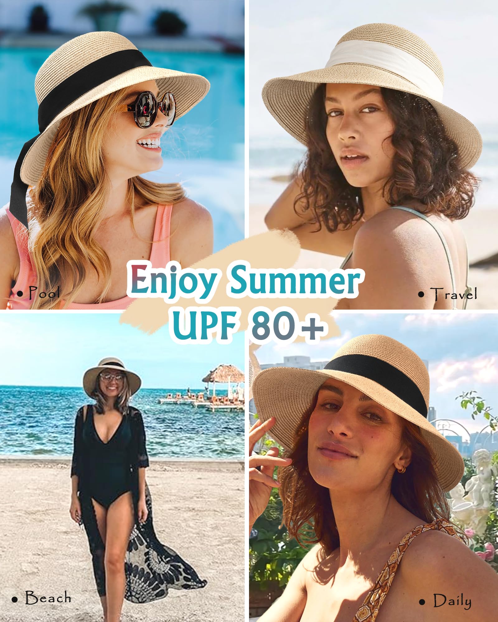 FURTALK Womens Beach Sun Straw Hat UV UPF50 Travel Foldable Brim Summer UV Hat Mixed Beige