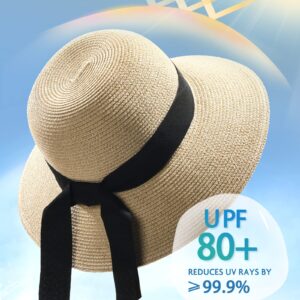 FURTALK Womens Beach Sun Straw Hat UV UPF50 Travel Foldable Brim Summer UV Hat Mixed Beige