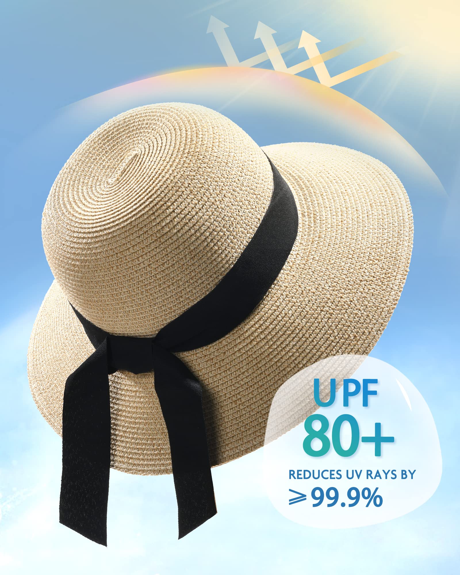 FURTALK Womens Beach Sun Straw Hat UV UPF50 Travel Foldable Brim Summer UV Hat Mixed Beige