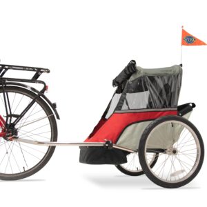 wike children's junior bike trailer: for 1-2 kids under 3'10"/100lbs max - built-in roll cage, stainless steel towbar, 5-point restraints, large cargo space, roll-up bug and rain screens, safety flag