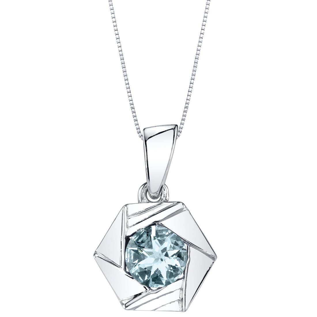 PEORA Aquamarine Cirque Pendant Necklace for Women Sterling Silver, Natural Gemstone Birthstone Solitaire, 0.75 Carat Round Shape 6mm, with 18 inch Italian Chain