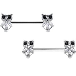 body candy steel clear black accent wide eyed owl barbell nipple ring set of 2 14 gauge 9/16"