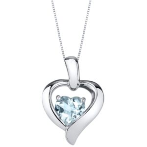 peora aquamarine pendant necklace for women sterling silver, heart in heart shape design, genuine gemstone birthstone, 0.75 carat heart shape 6mm, with 18 inch italian chain