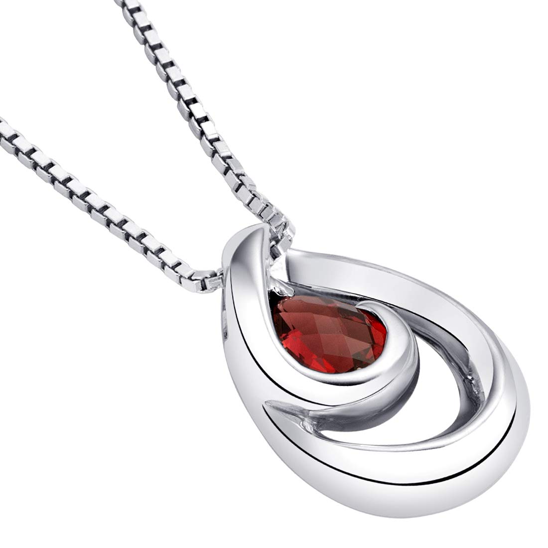 PEORA Red Garnet Wave Solitaire Pendant Necklace for Women Sterling Silver, Natural Gemstone Birthstone, 0.75 Carat Teardrop Pear Shape 7x5mm, with 18 inch Italian Chain