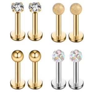 ruifan 8pcs 16g 3mm shiny ball & matte ball & ab crystal ball & clear cz labret monroe lip ring tragus helix earring stud barbell piercing jewelry 8mm - gold