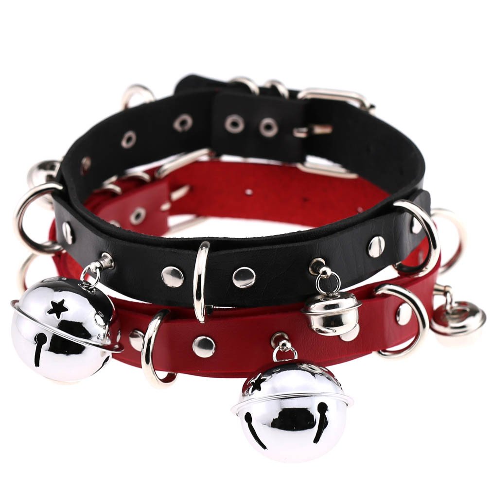 FM FM42 Red PU Simulated Leather Silver-tone 4cm Large Bell Rivets Neckband Choker Necklace PN1872