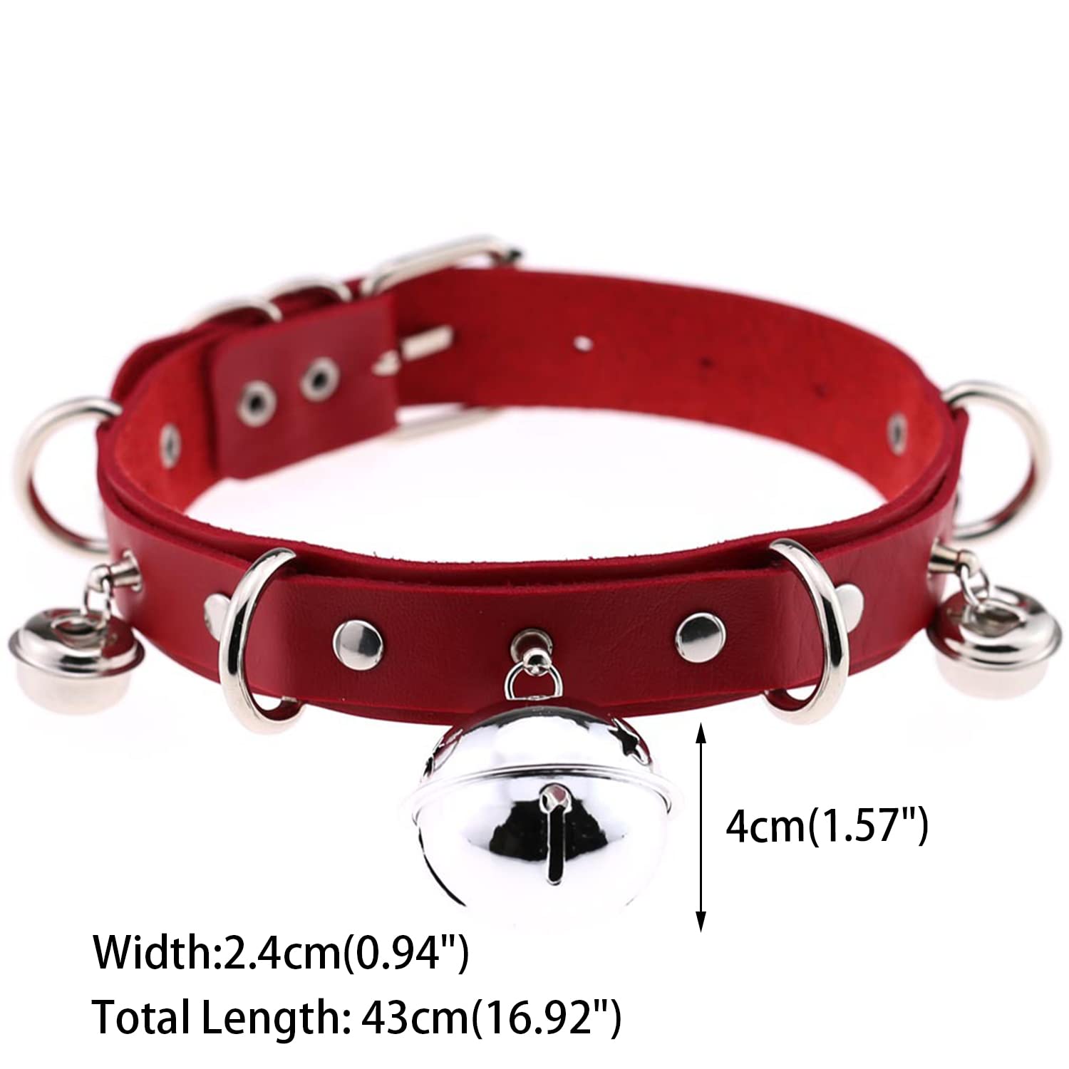 FM FM42 Red PU Simulated Leather Silver-tone 4cm Large Bell Rivets Neckband Choker Necklace PN1872