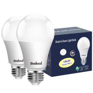 dusk to dawn light bulb,build in light sensor detector,9w(60w equivalent),a19 photocell sensor bulb,no timer required,3000k warm white,for indoor or outdoor use,boundary,garage,patio,2-pack by boxlood