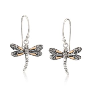 Ross-Simons Two-Tone Sterling Silver Bali-Style Dragonfly Drop Earrings