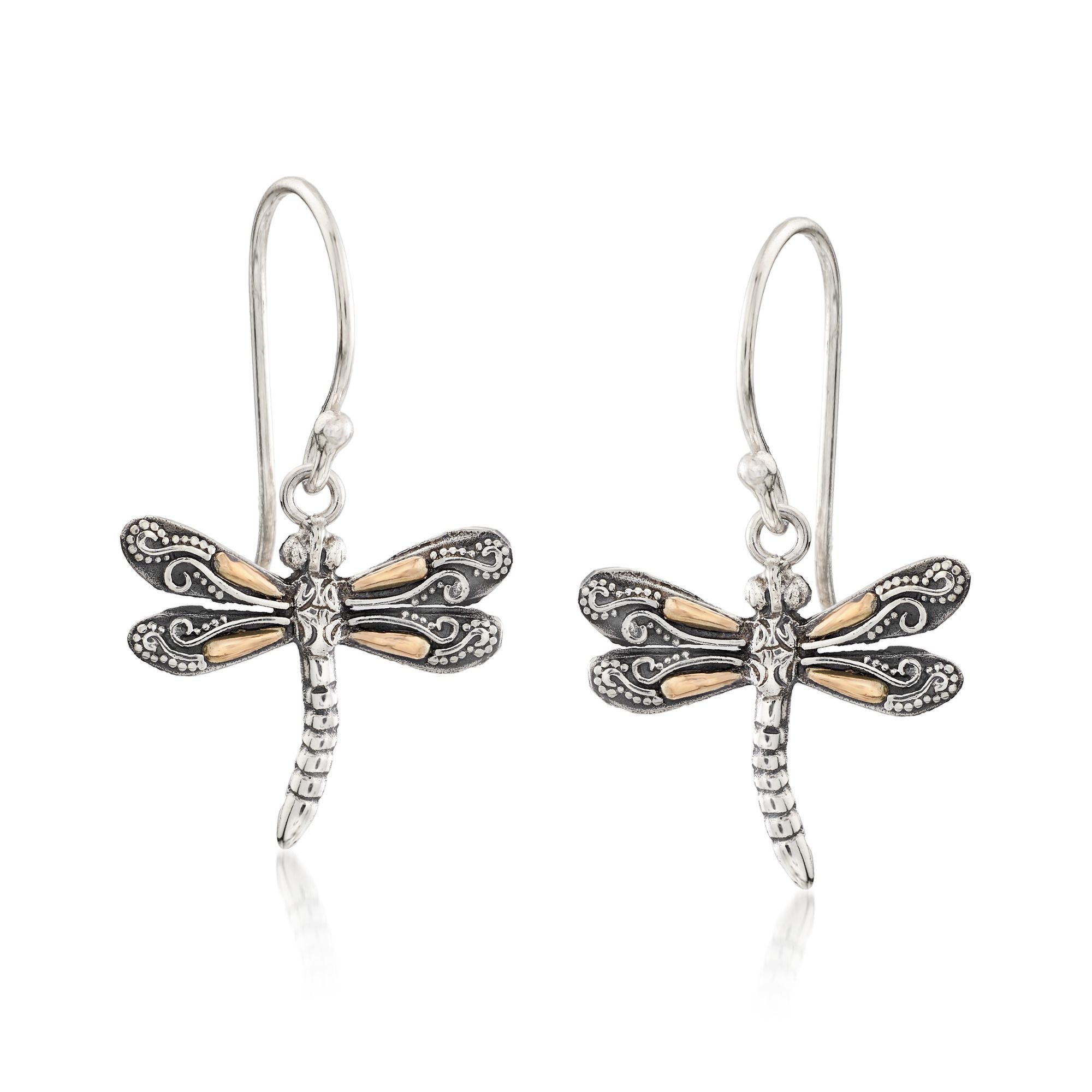 Ross-Simons Two-Tone Sterling Silver Bali-Style Dragonfly Drop Earrings