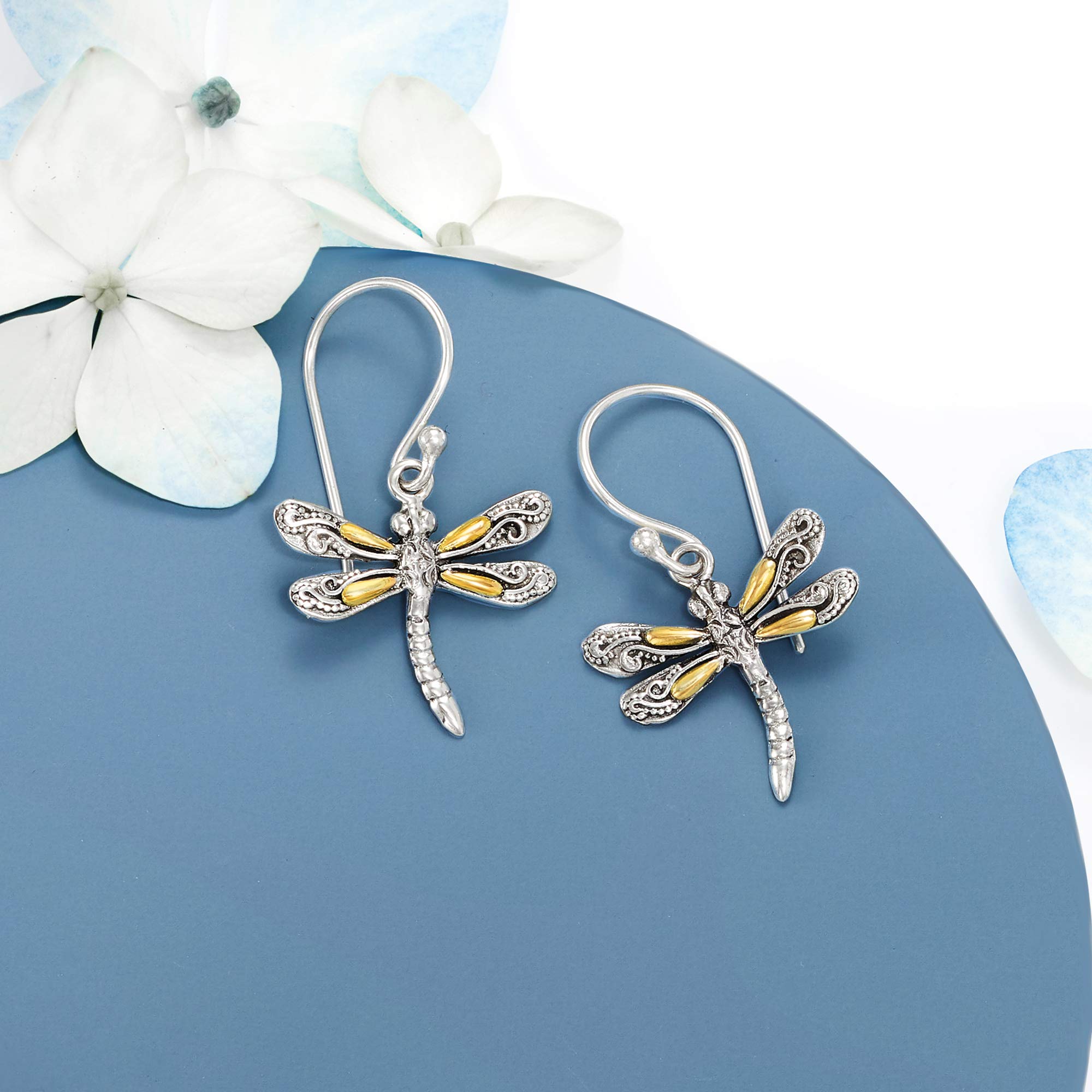 Ross-Simons Two-Tone Sterling Silver Bali-Style Dragonfly Drop Earrings