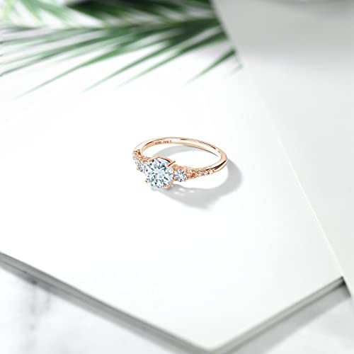 Gem Stone King 10K Rose Gold 6MM Round Gemstone Birthstone White Created Sapphire and White Diamond Accent 3-Stone Engagement Ring | Three-Stone Wedding Anniversary Promise Ring For Women