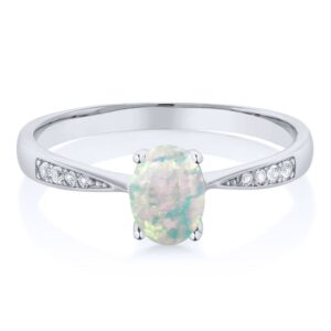 gem stone king 10k white gold white opal and white diamond engagement ring for women (0.69 cttw, gemstone october birthstone, oval cabochon 7x5mm, available in size 5, 6, 7, 8, 9)