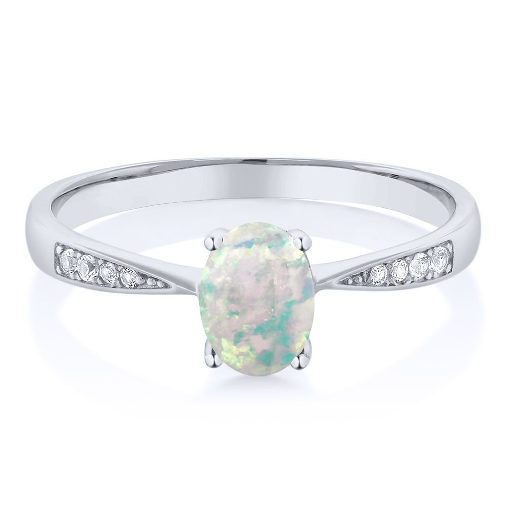 Gem Stone King 10K White Gold White Opal and White Diamond Engagement Ring For Women (0.69 Cttw, Gemstone October Birthstone, Oval Cabochon 7X5MM, Available In Size 5, 6, 7, 8, 9)