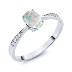 Gem Stone King 10K White Gold White Opal and White Diamond Engagement Ring For Women (0.69 Cttw, Gemstone October Birthstone, Oval Cabochon 7X5MM, Available In Size 5, 6, 7, 8, 9)