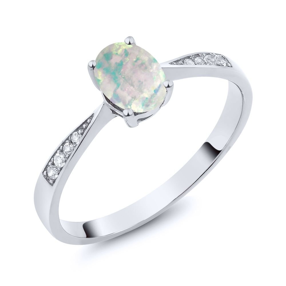 Gem Stone King 10K White Gold White Opal and White Diamond Engagement Ring For Women (0.69 Cttw, Gemstone October Birthstone, Oval Cabochon 7X5MM, Available In Size 5, 6, 7, 8, 9)