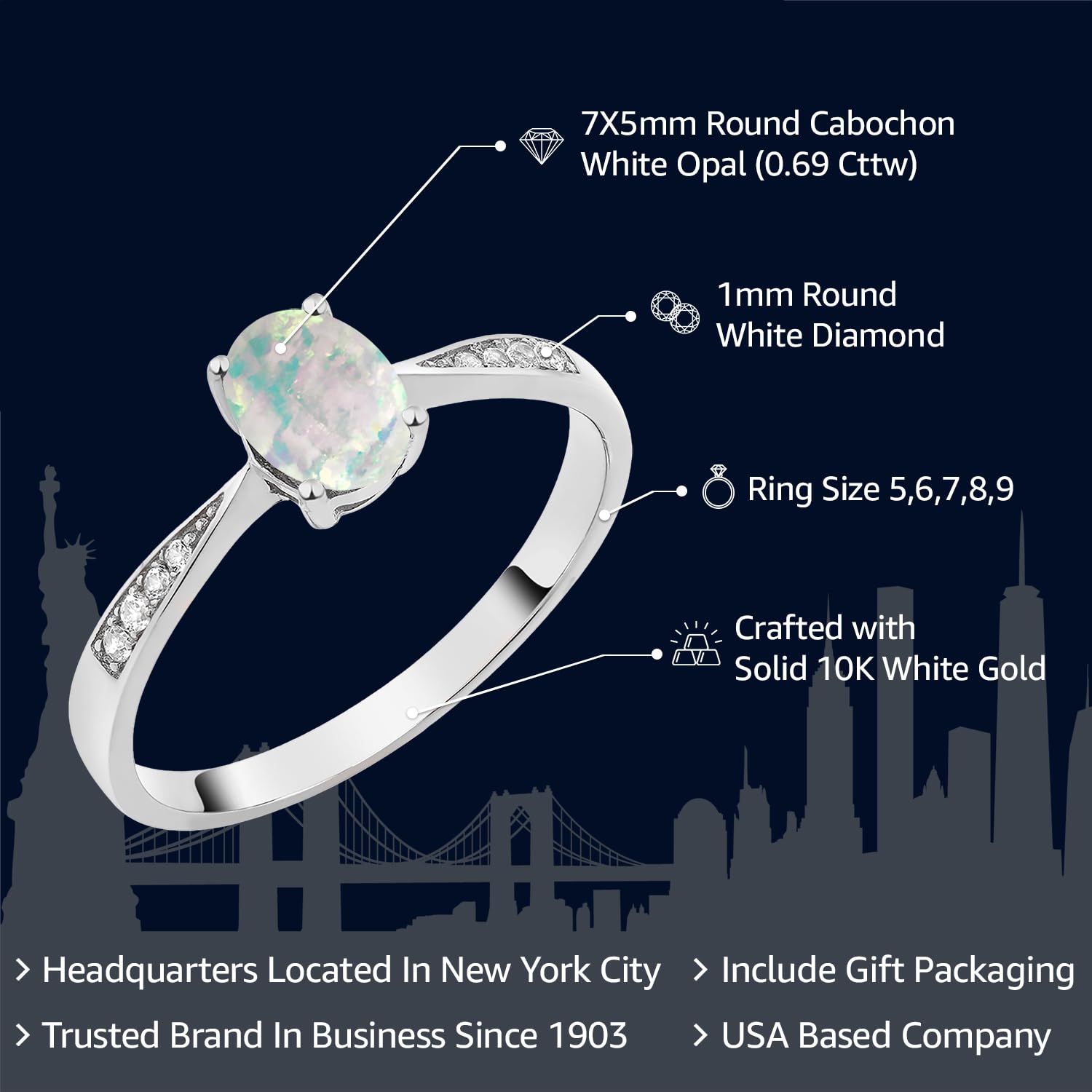 Gem Stone King 10K White Gold White Opal and White Diamond Engagement Ring For Women (0.69 Cttw, Gemstone October Birthstone, Oval Cabochon 7X5MM, Available In Size 5, 6, 7, 8, 9)