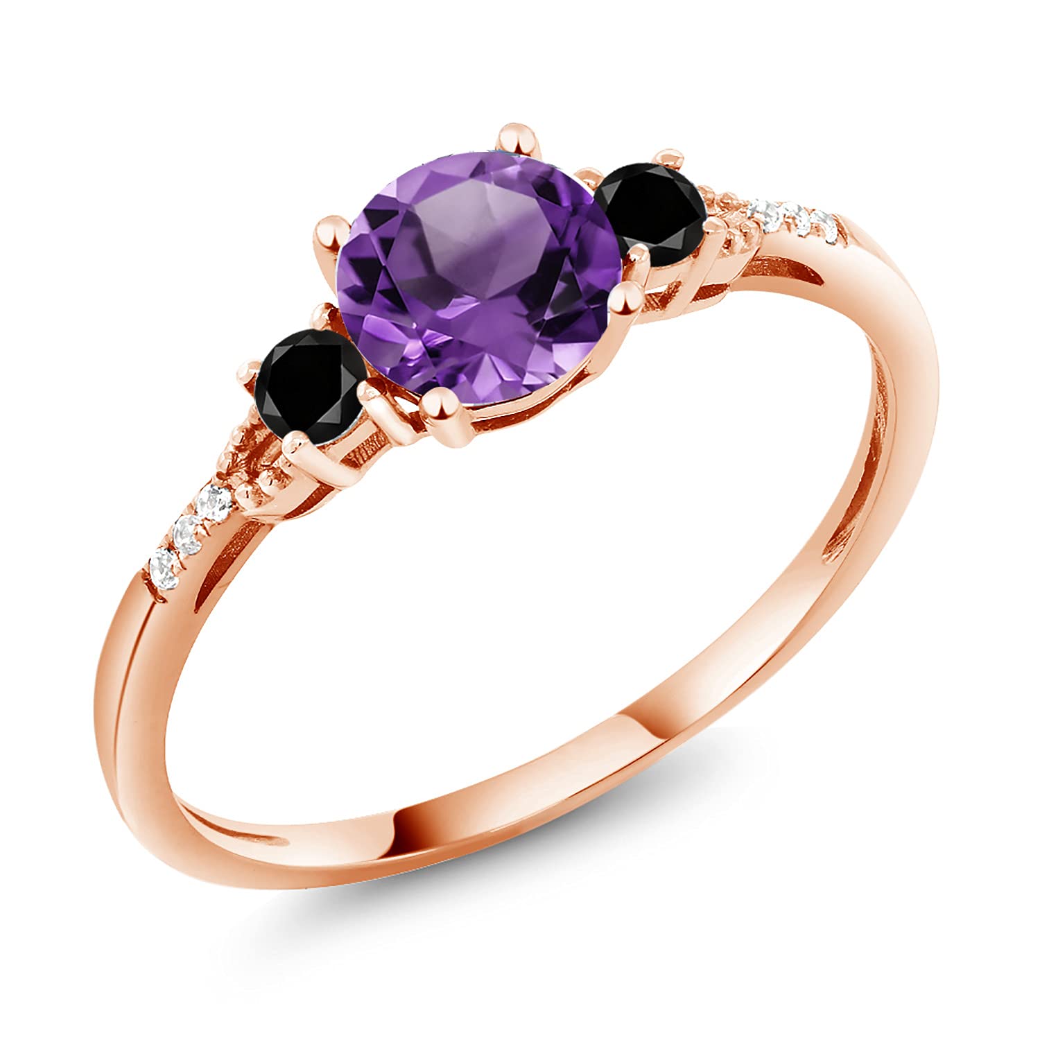 Gem Stone King 10K Rose Gold Purple Amethyst Black Diamond and White Diamond Accent 3-Stone Engagement Ring For Women | 0.87 Cttw | Gemstone Birthstone | Round 6MM & 2.5MM (Size 8)