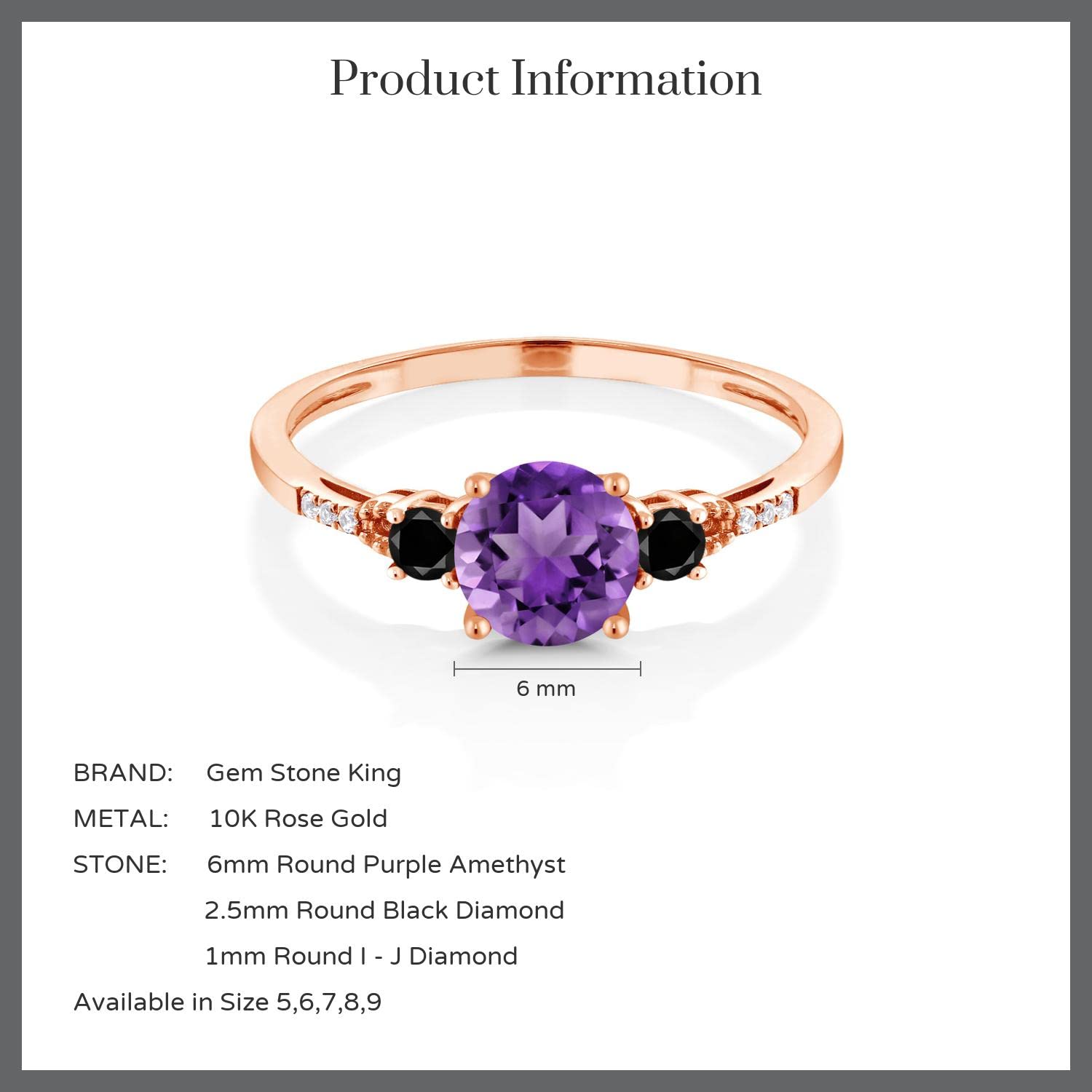 Gem Stone King 10K Rose Gold Purple Amethyst Black Diamond and White Diamond Accent 3-Stone Engagement Ring For Women | 0.87 Cttw | Gemstone Birthstone | Round 6MM & 2.5MM (Size 8)