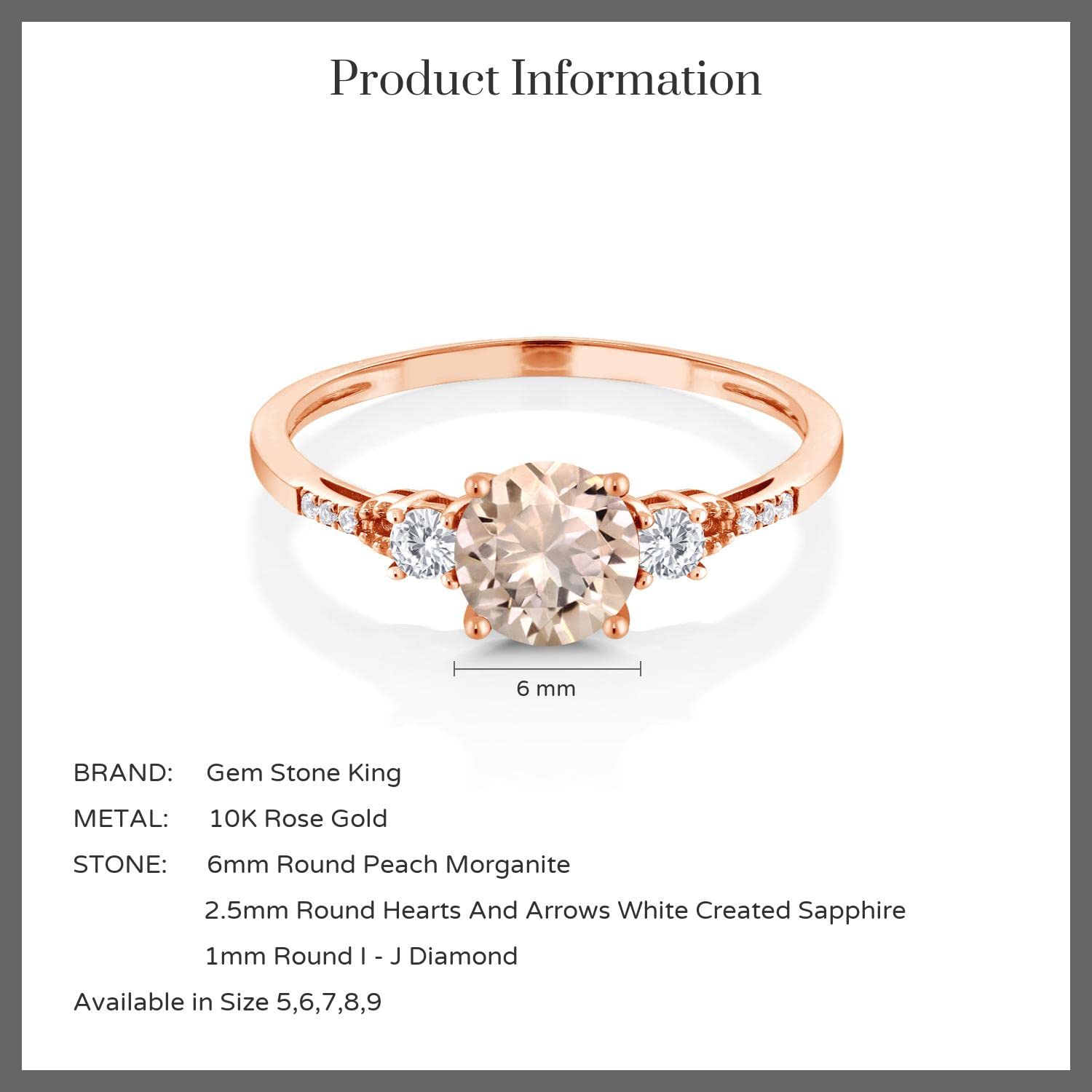 Gem Stone King 10K Rose Gold 6MM Round Gemstone Birthstone White Created Sapphire and White Diamond Accent 3-Stone Engagement Ring | Three-Stone Wedding Anniversary Promise Ring For Women