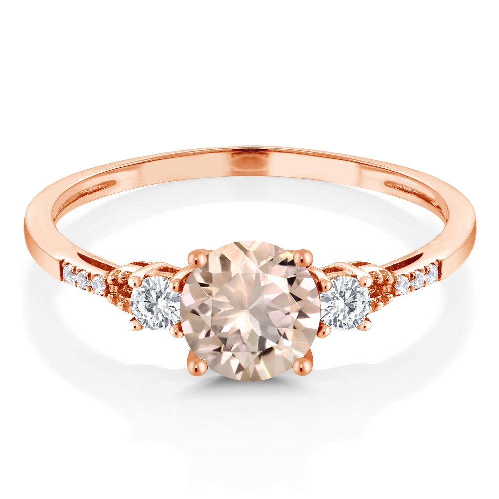 Gem Stone King 10K Rose Gold 6MM Round Gemstone Birthstone White Created Sapphire and White Diamond Accent 3-Stone Engagement Ring | Three-Stone Wedding Anniversary Promise Ring For Women