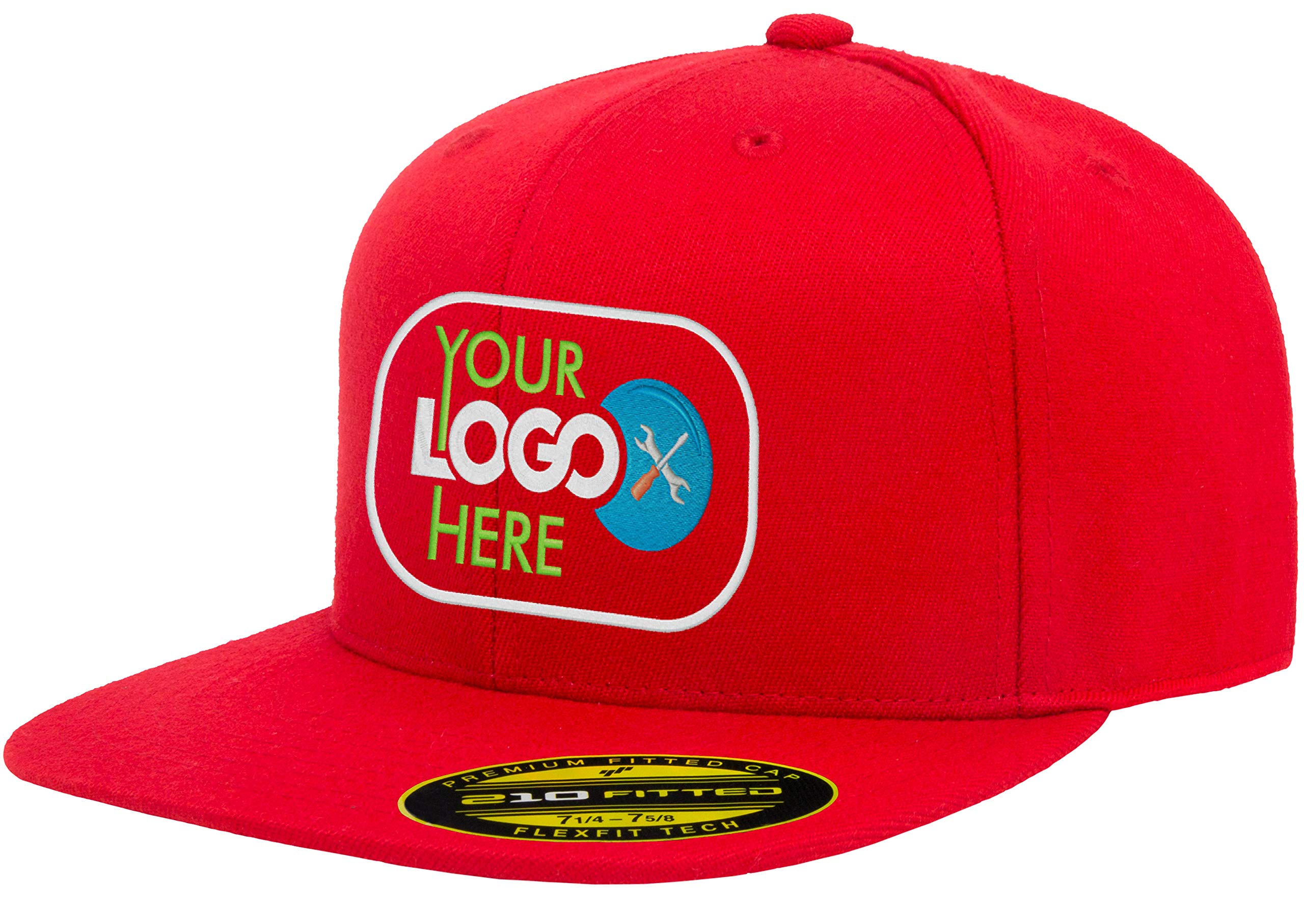 Personalized Flexfit 210 Cap. Custom Logo Hat. Embroidered. Fitted Flat Bill (Red, L/XL (7 1/4” - 7 5/8”))