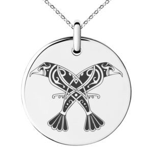 stainless steel huginn & muninn odin's twin ravens symbol small medallion circle charm pendant necklace