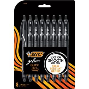 bic gelocity quick dry black gel pens, medium point (0.7mm), 8-count pack, retractable gel pens with comfortable full grip