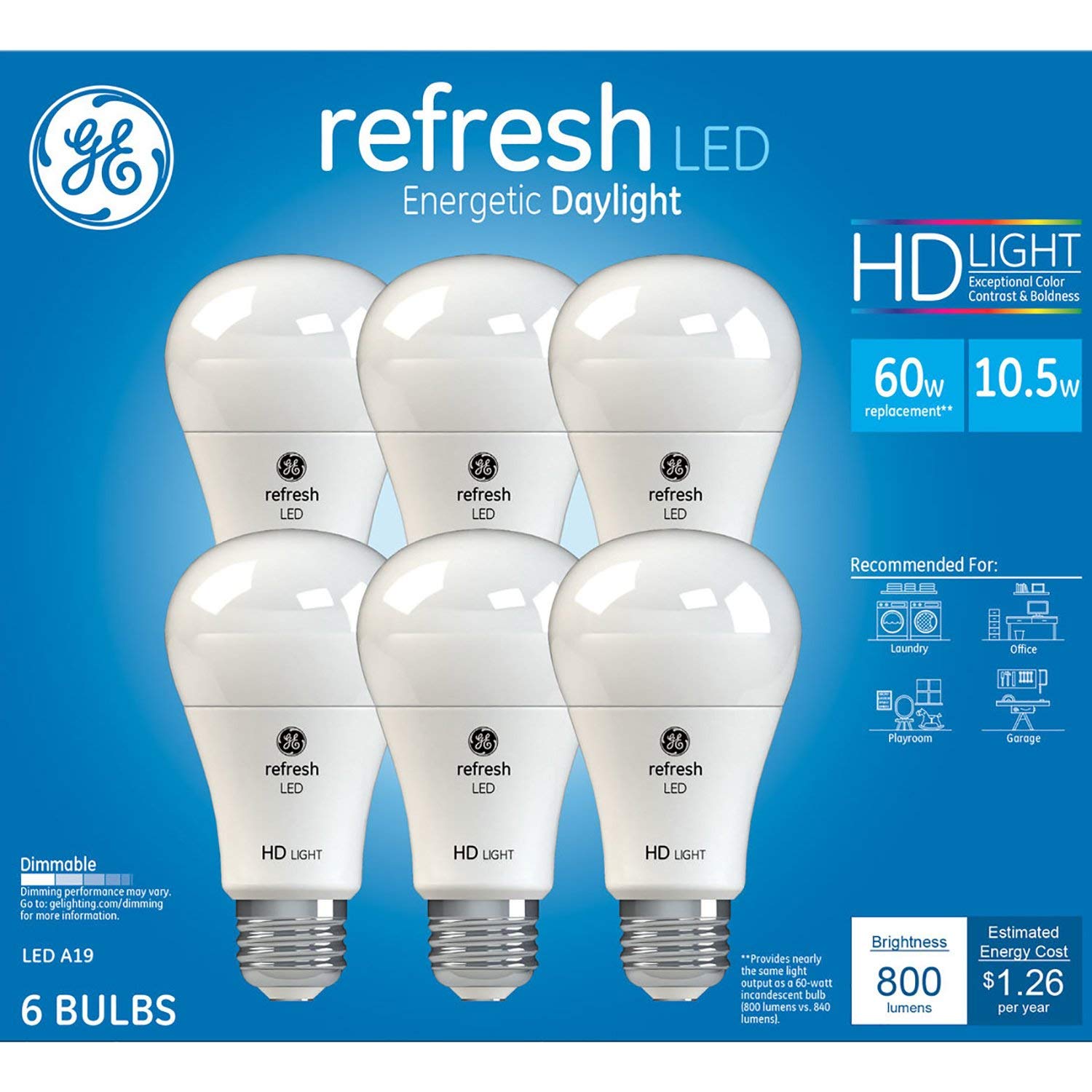 GE Refresh High Definition LED Bulb 10.5-watt 5000K Energetic Daylight Dimmable A19 6-Pack