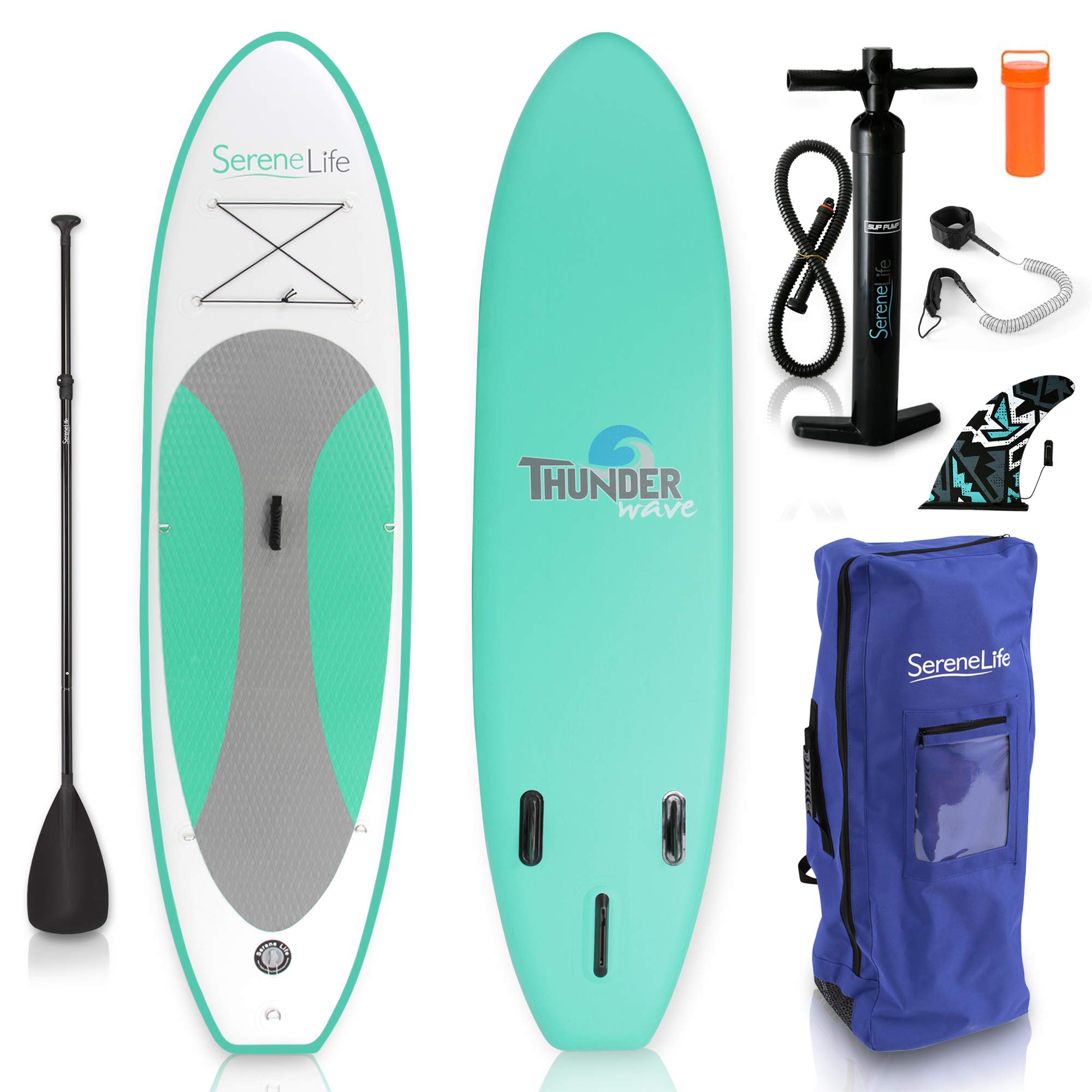 SereneLife Inflatable Stand Up Paddle Board (6 Inches Thick) with Premium SUP Accessories & Carry Bag | Wide Stance, Bottom Fin for Paddling, Surf Control, Non-Slip Deck | Youth & Adult Standing Boat