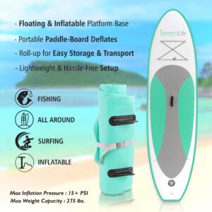 SereneLife Inflatable Stand Up Paddle Board (6 Inches Thick) with Premium SUP Accessories & Carry Bag | Wide Stance, Bottom Fin for Paddling, Surf Control, Non-Slip Deck | Youth & Adult Standing Boat