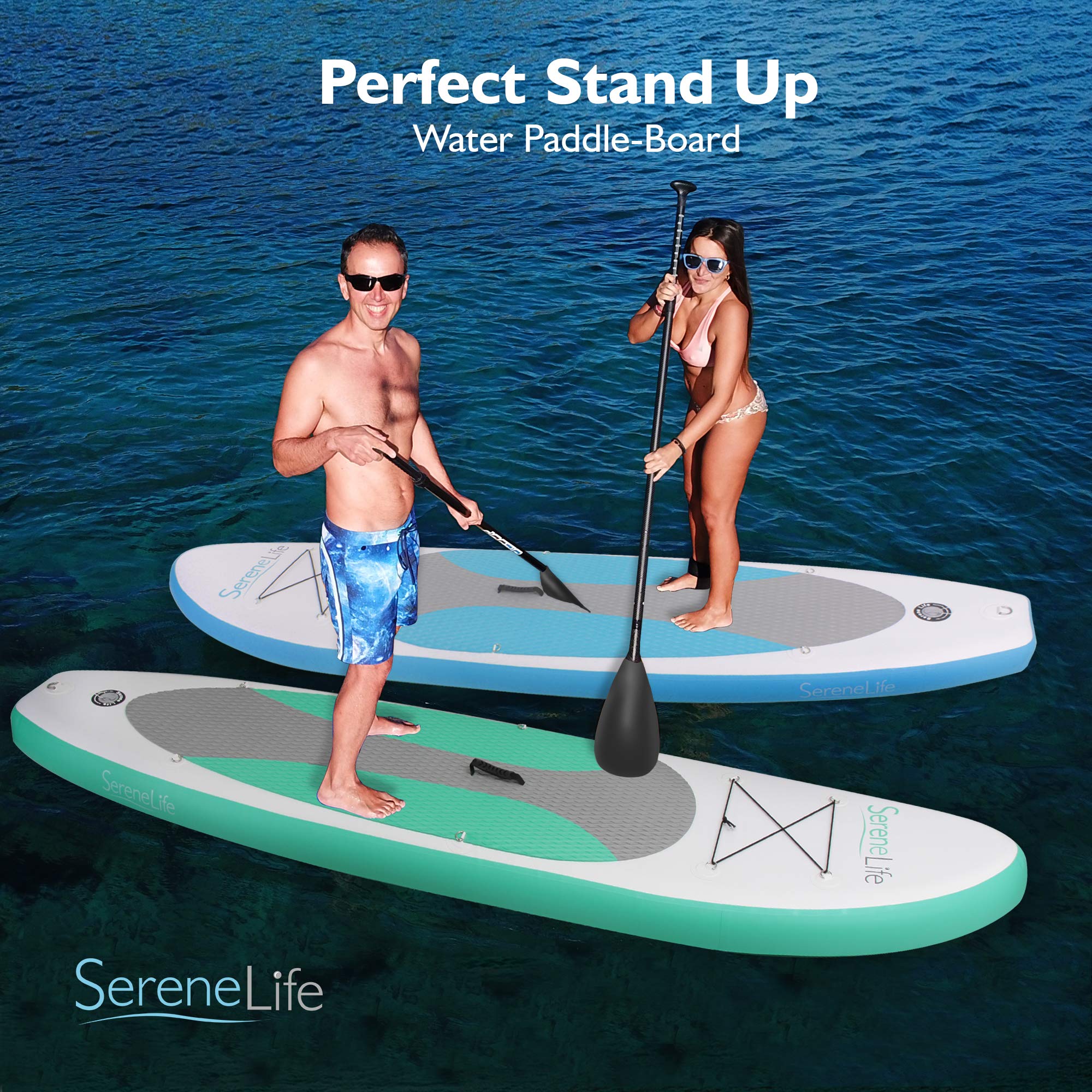 SereneLife Inflatable Stand Up Paddle Board (6 Inches Thick) with Premium SUP Accessories & Carry Bag | Wide Stance, Bottom Fin for Paddling, Surf Control, Non-Slip Deck | Youth & Adult Standing Boat